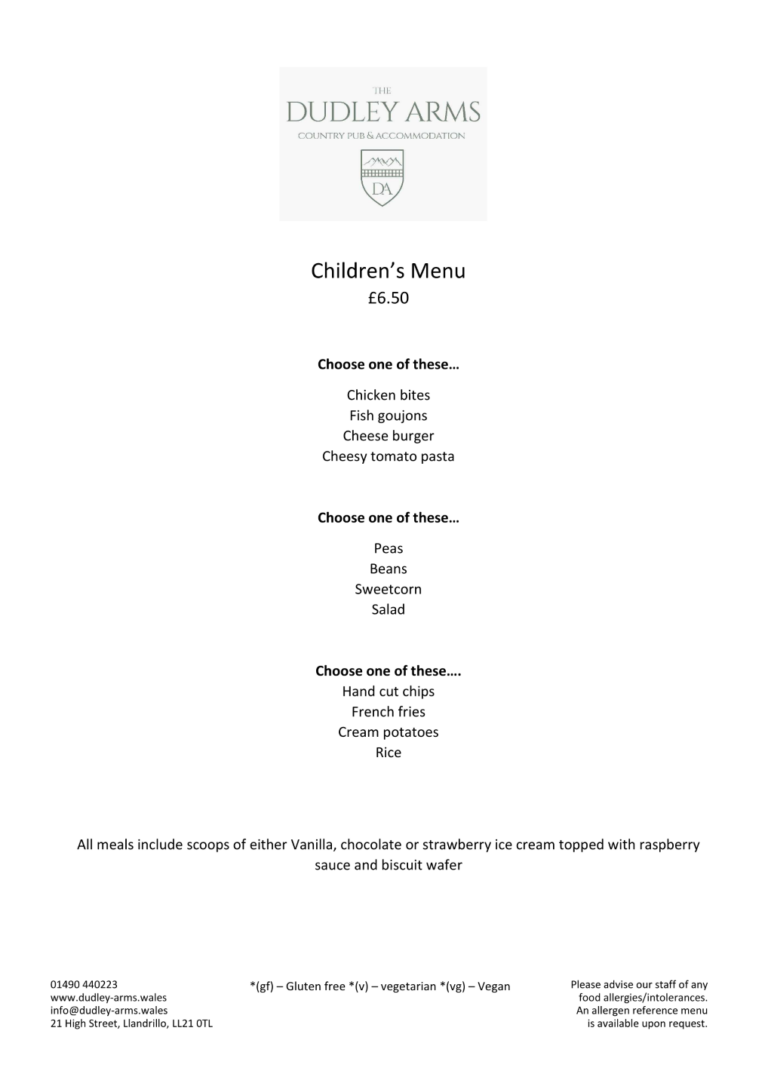 Our Menus - The Dudley Arms - Llandrillo