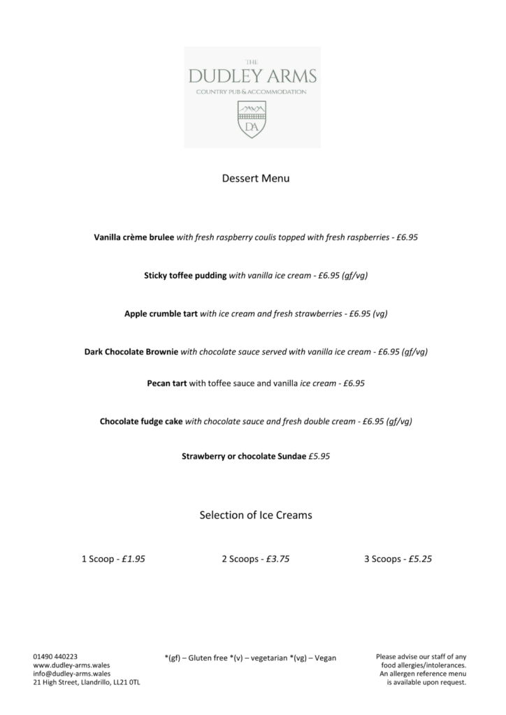 Our Menus - The Dudley Arms - Llandrillo