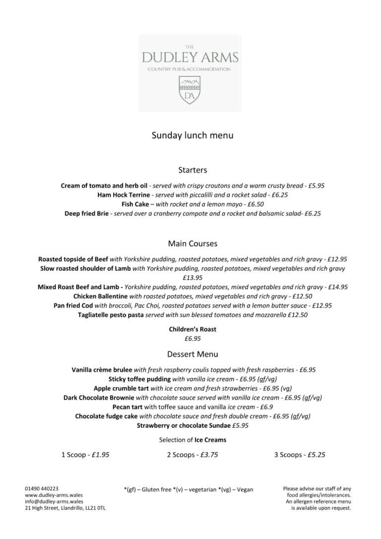 Our Menus - The Dudley Arms - Llandrillo
